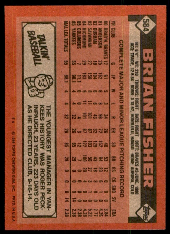 1986 Topps Brian Fisher Rookie New York Yankees #584 | eBay