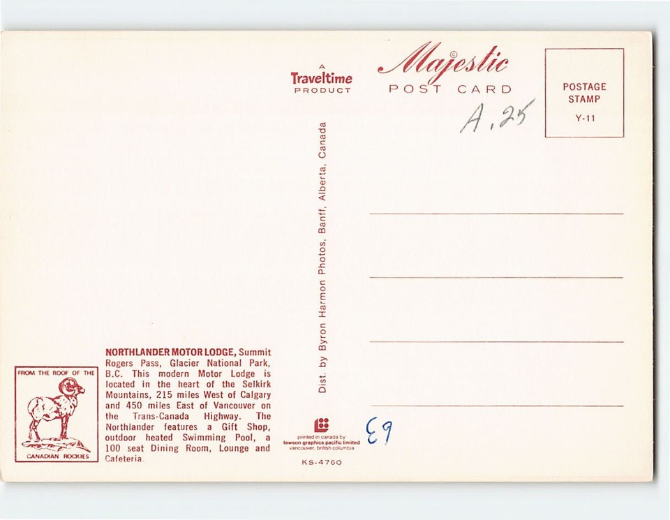 Postcard Northlander Motor Lodge Rogers Pass BC Glacier National Park ...