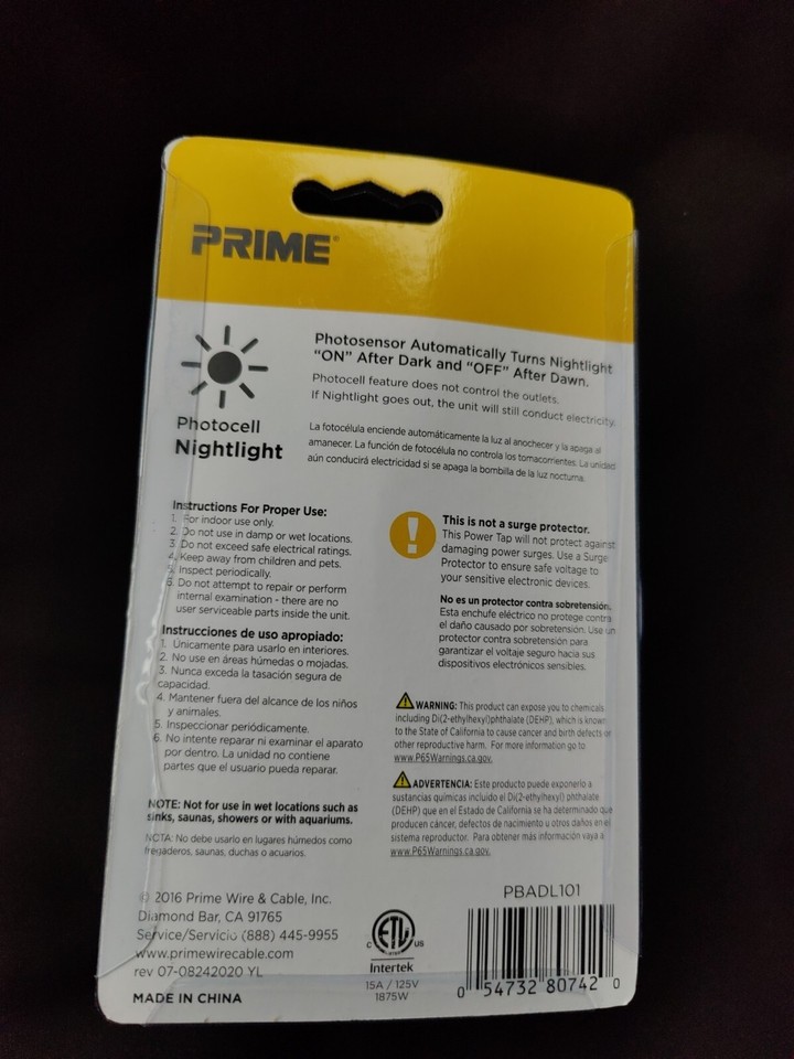 !!BRAND NEW!! Prime 15A 125V 1875W 3-Outlet Power Tap with Photocell ...