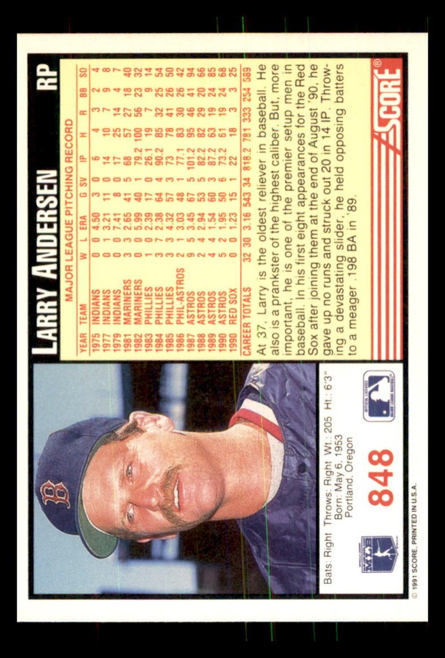 1991 Baseball Score Larry Andersen Boston Red Sox #848 | eBay