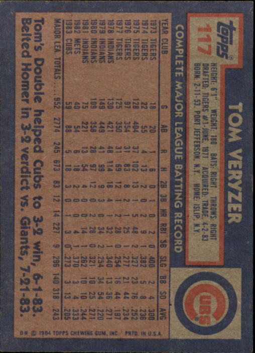 1984 Topps Chicago Cubs Baseball Card #117 Tom Veryzer | eBay