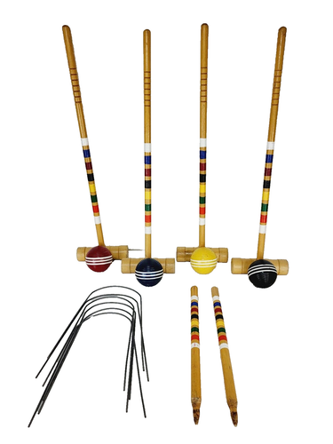 Vintage Wood Croquet Game Set 4 Mallets 4 Balls 2 Ending Stakes 6 Steel ...
