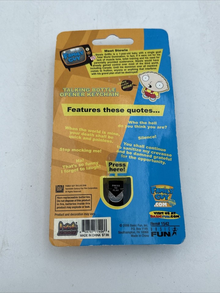 Family Guy Talking Bottle Opener Keychain Stewie Griffin 2006 Basic Fun ...