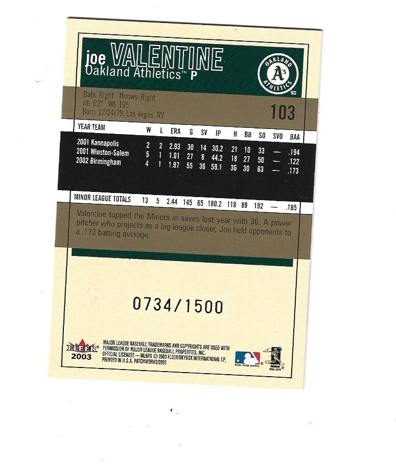 2003 Fleer Patchworks #103 Joe Valentine RR RC /1500 OAKLAND ATHLETICS ...