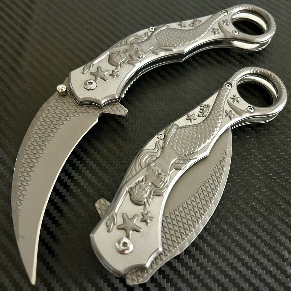 9” Gray Mermaid Tactical Karambit Assisted Open Blade Folding Pocket ...
