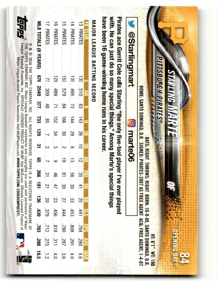 2018 TOPPS OPENING DAY STARLING MARTE PITTSBURGH PIRATES #84 | eBay