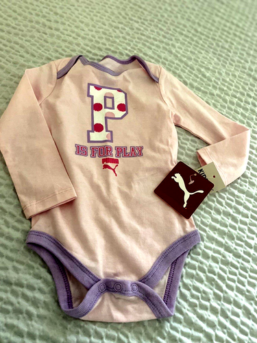 NWT Puma 6-9M Baby Girl Romper Bodysuit Long Sleeve Pink Logo "PINK IS ...