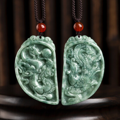 Jade Dragon Phoenix Couple Pendant Natural Necklace Burmese Jadeite ...