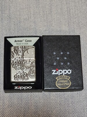 NEW*ZIPPO LIGHTER*SKULL & ROSES*ARMOR CASE*ANTIQUE SILVER PLATE**NEVER ...