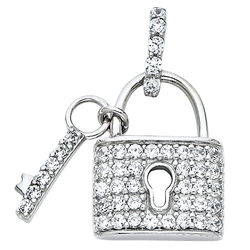 White Gold Lock Key Pave CZ Womens SMALL Pendant Charm For Necklace or ...