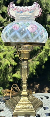 Fenton Lamp Rose Crest Trellis Lattice Diamond Optic Painted Glass ...