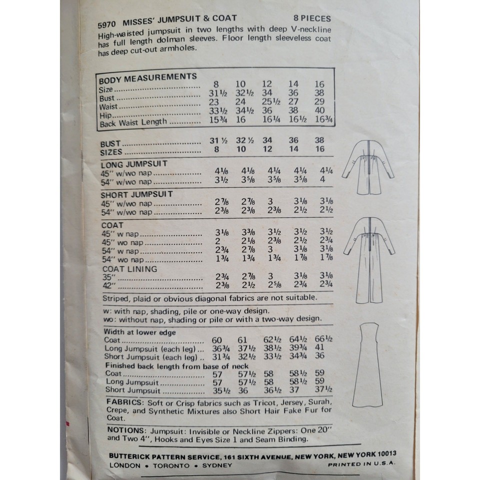 Butterick 5970 70s Easy Sewing Pattern Empire Waist Jumpsuit & Dress ...