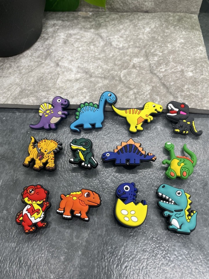 12 PC 1” Cartoon Dinosaur Shoe Decoration Charms-Clogs Jigs Bubble ...