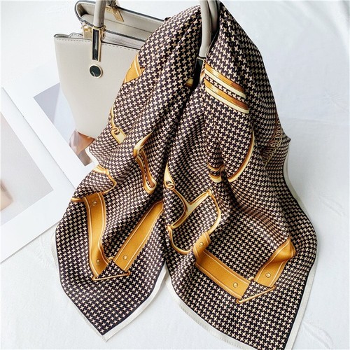 100% Silk Square Scarf Women neckerchief shawl Wrap Black Brown Plaid ...