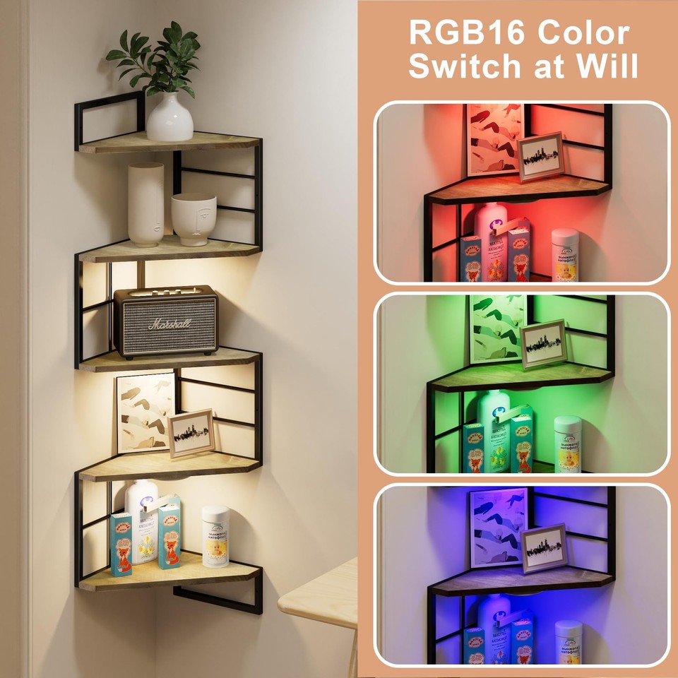 Floating Corner Shelves with Light - 5 Tiers Metal Corner Shelf Wall ...