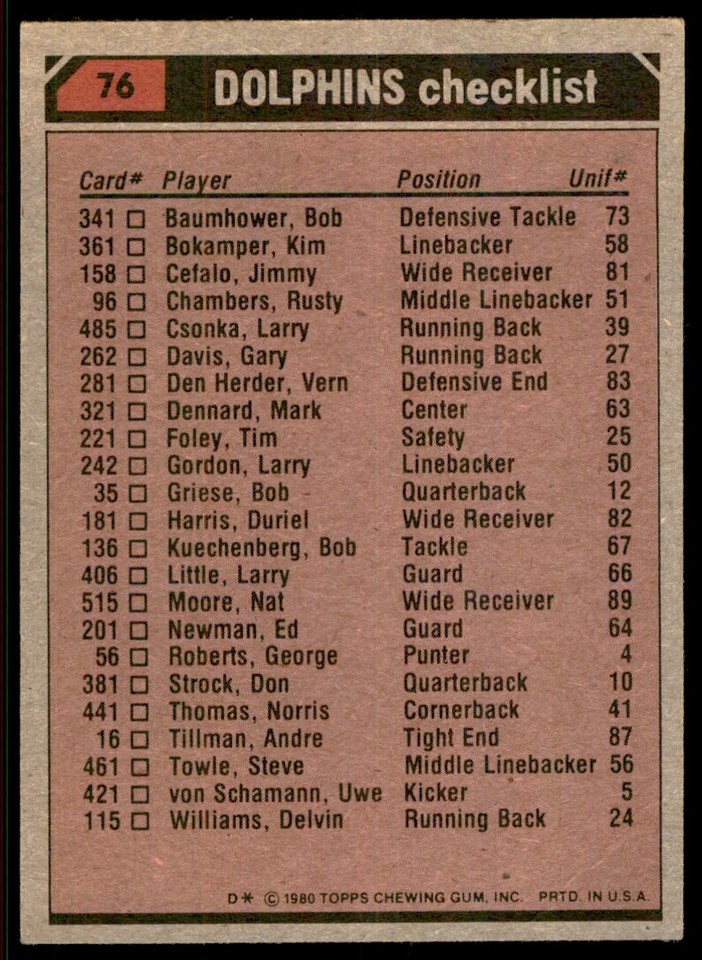 1980 TOPPS LARRY CSONKA/NAT MOORE/NEAL COLZIE/GERALD SMALL/VERN DEN ...