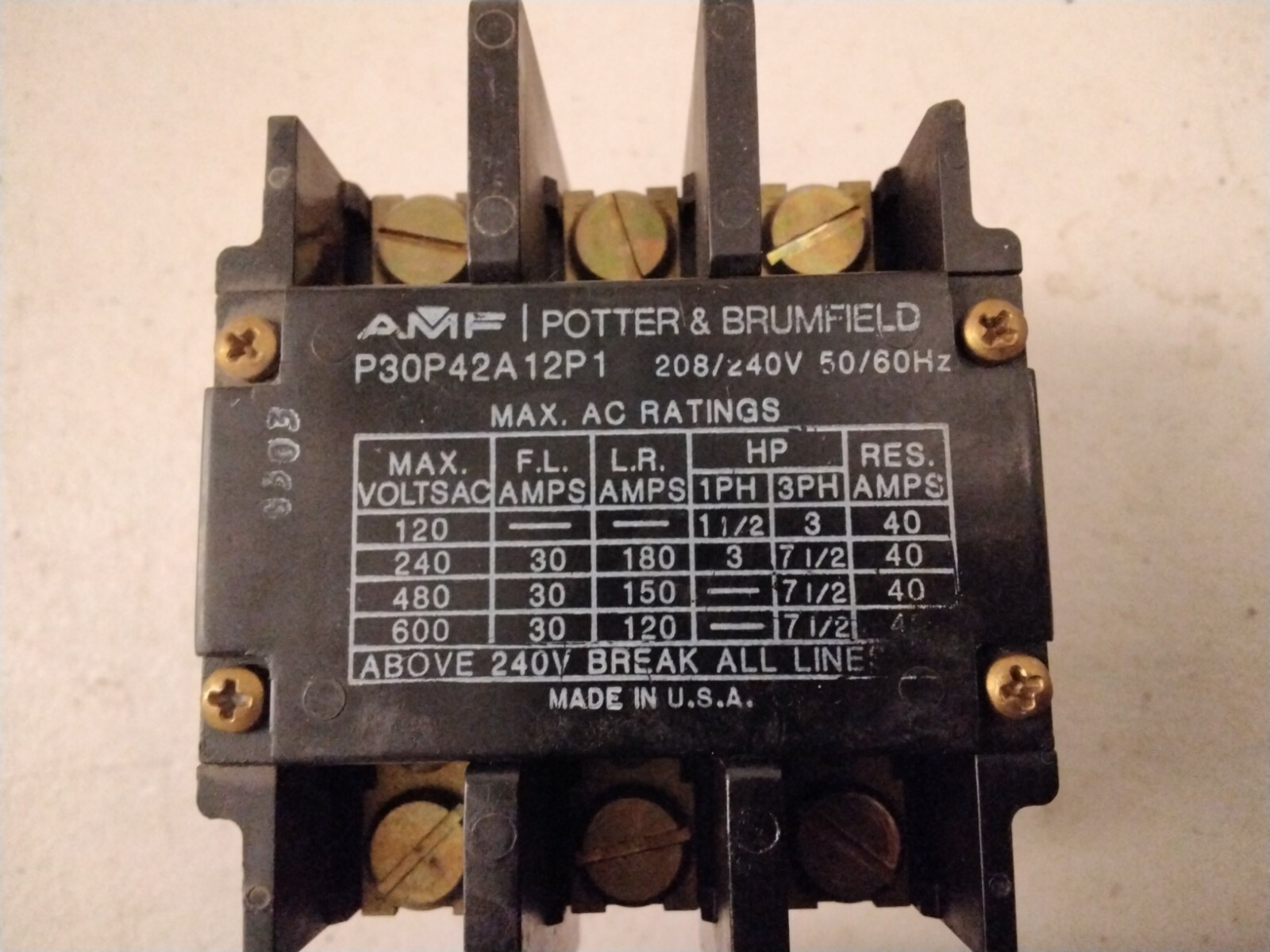 Potter & Brumfield P30P42A12P1 40 AMP 3 pole Contactor. 208/240 V coil ...