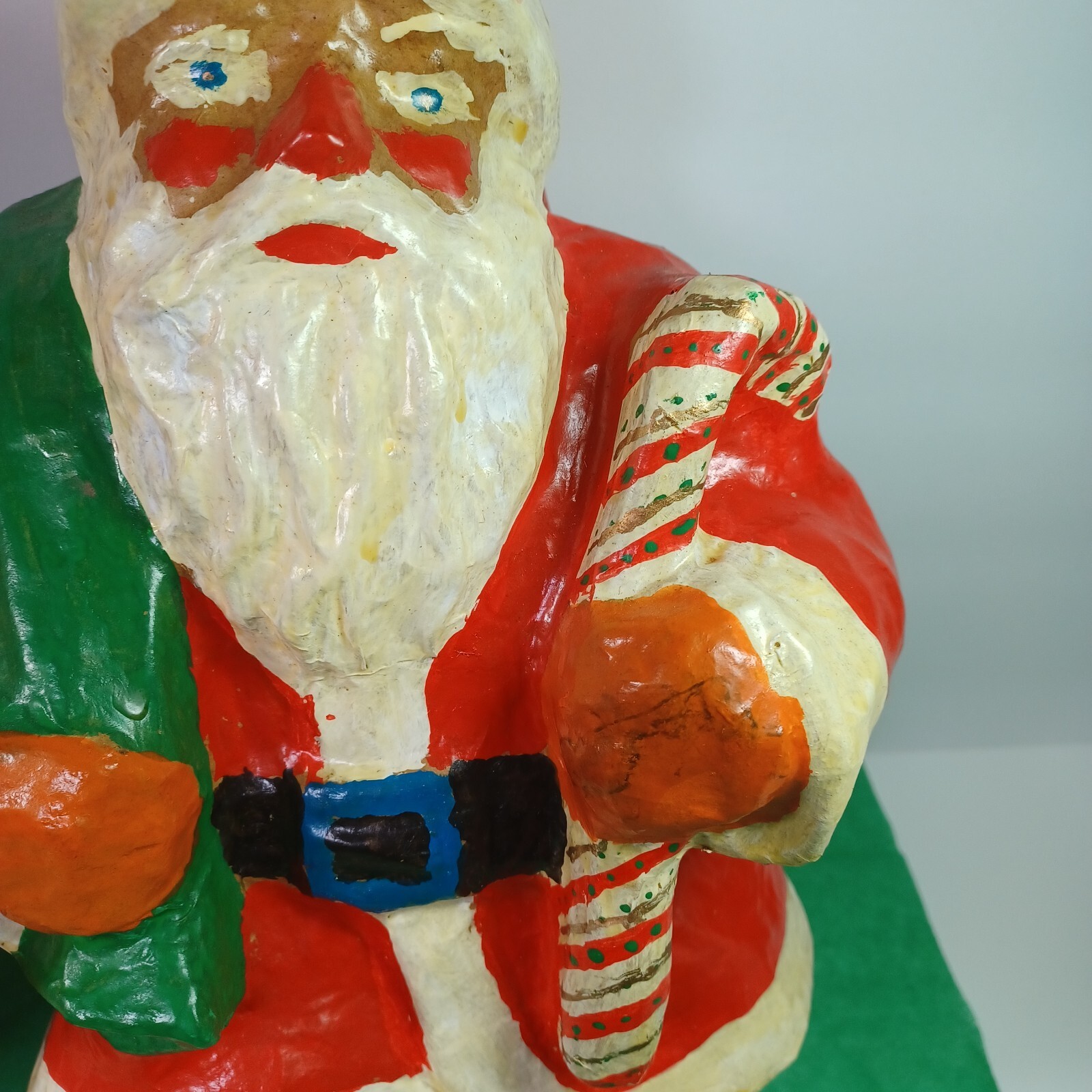 Vintage Paper Mache Santa Claus Pair Red Suit Candy Cane Trim Sack 12.5 ...