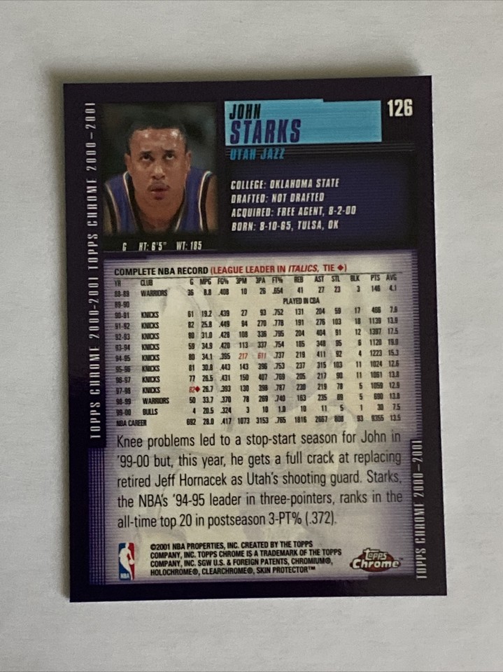 John Starks 2000-01 Topps Chrome #126 Utah Jazz Basketball Card | eBay