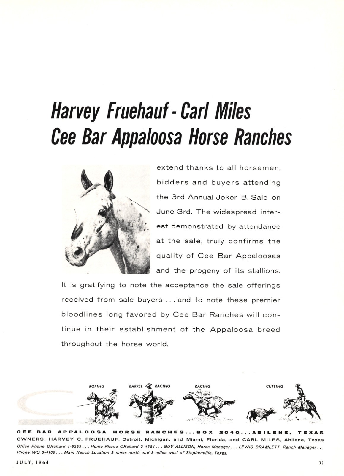 Cee Bar Appaloosa Horse Ranch Harvey Fruehauf Carl Miles Detroit MI Mag ...