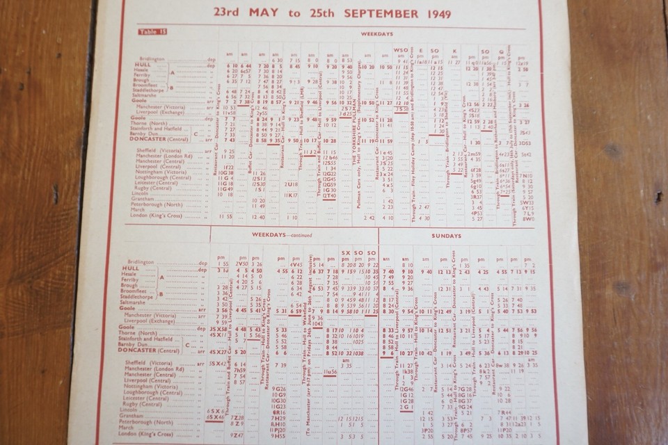 1949 British Rail Railway Timetable Poster Hull Doncaster North Eastern ...