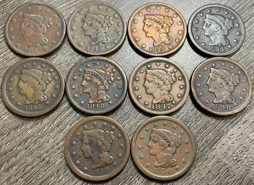 1839-1850 Braided Hair Large Cent 1C Collection, 10 Coins Total ...