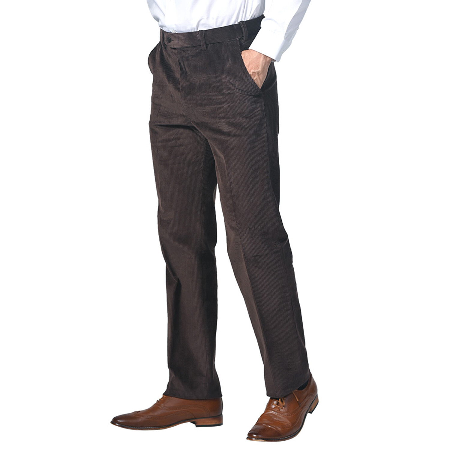 Mens Brown Corduroy Cord Trousers Formal Expanding Waist Smart Casual ...