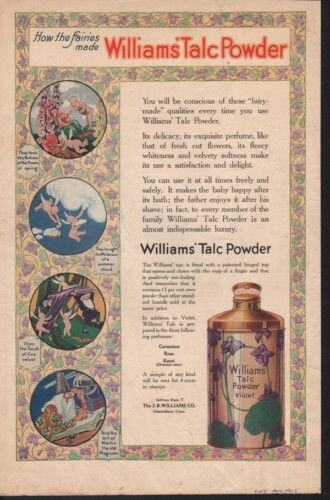 1915 WILLIAMS TALC POWDER FAIRY ELVES ANGEL GLASTONBURY DECOR BATH AD ...