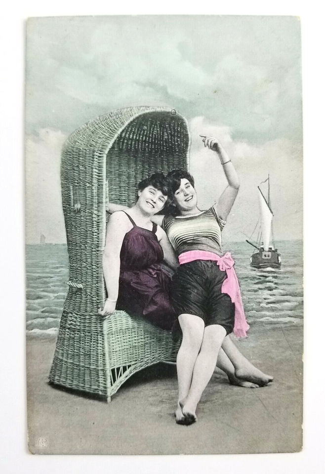 3 Hand Colored Postcards Bathing Beauty Women Swimsuit Wicker Chair ...