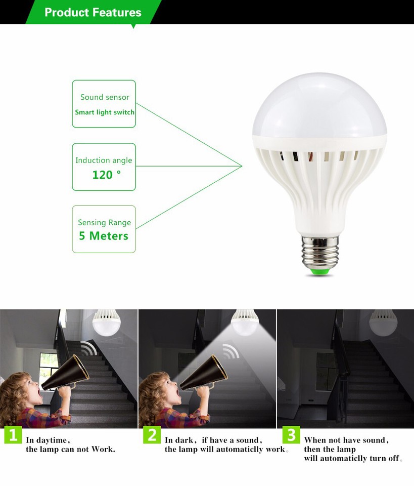 Sound Control E27 LED Bulb Voice Activated 3W 5W 7W 9W 12W White Lamp ...