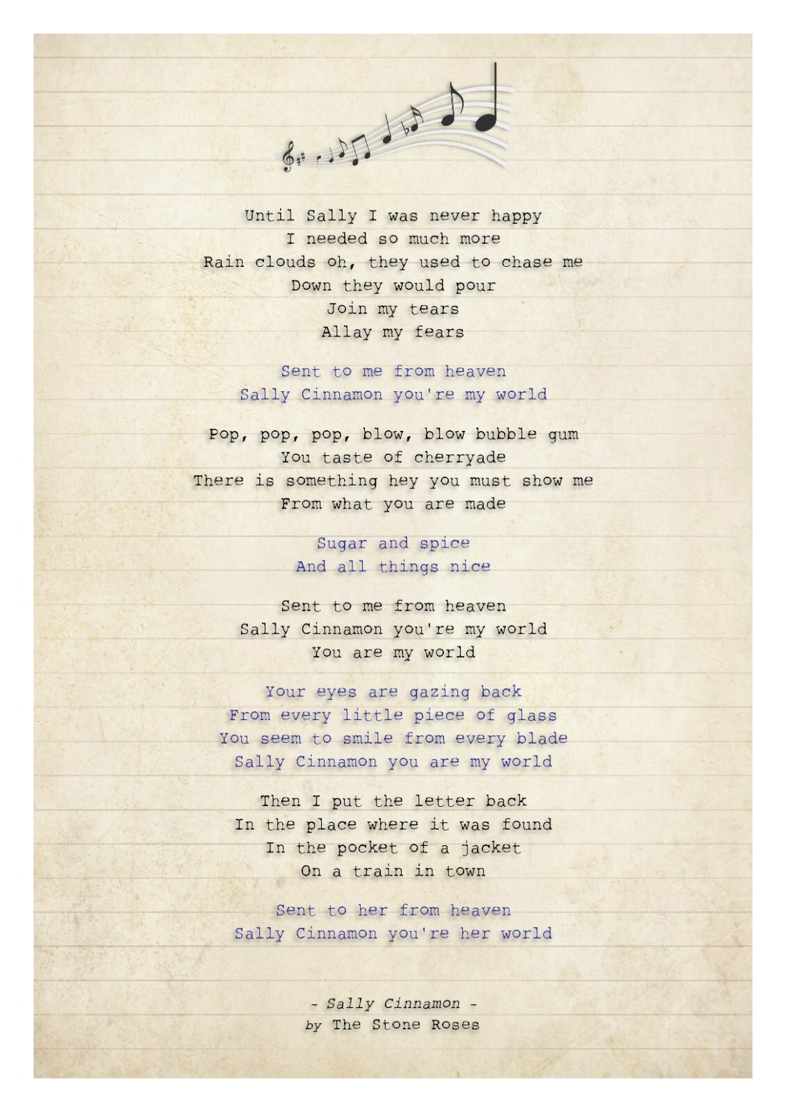 The Stone Roses - Sally Cinnamon - Song Lyric Art Poster Print - Sizes ...