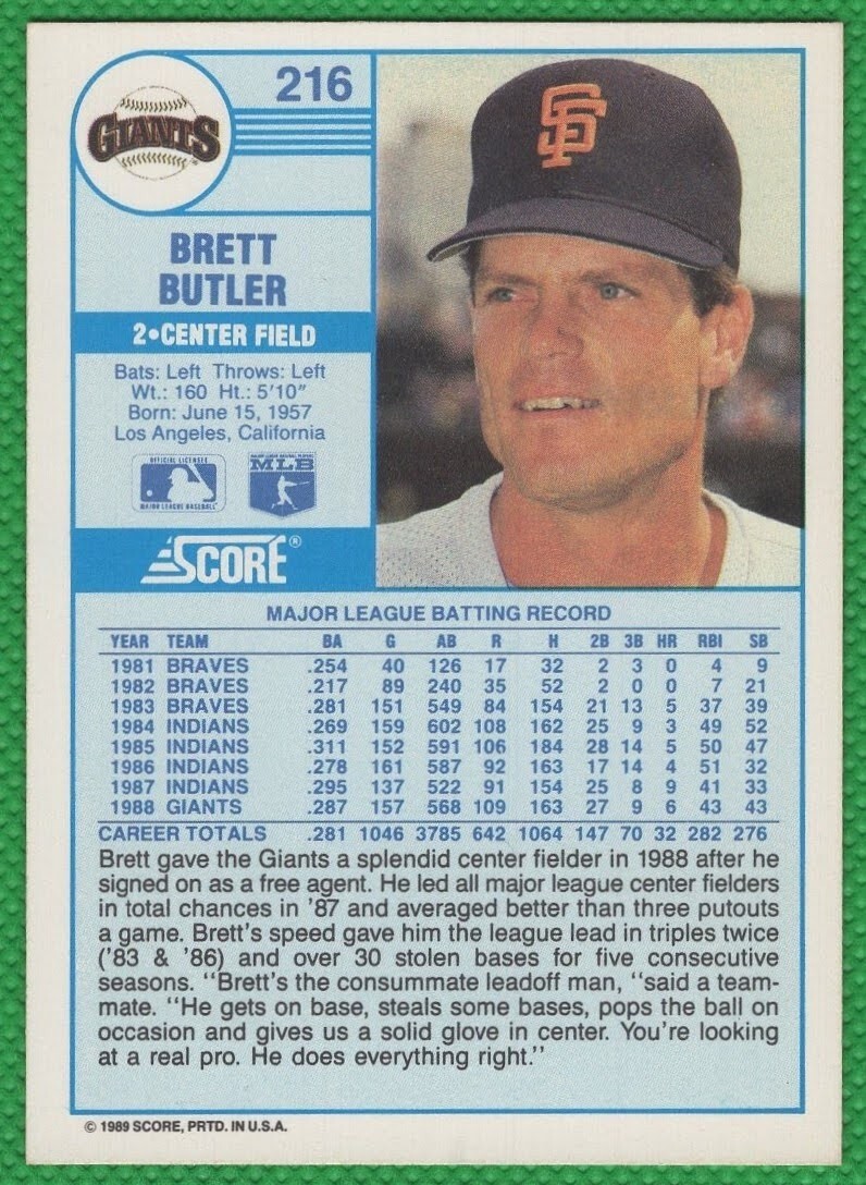 1989 Score - #216 Brett Butler for sale online | eBay