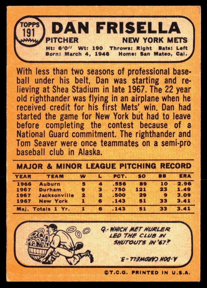 Dan Frisella 1968 Topps #191 VG/EX-EX No Crease Rookie RC | eBay