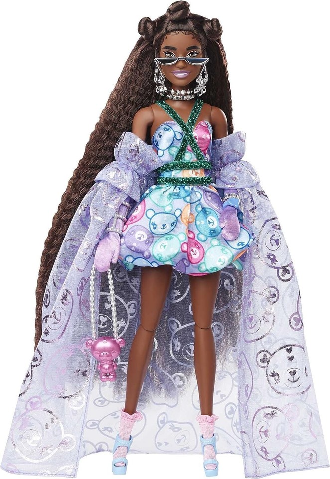 Barbie Extra Fancy Doll in Teddy-Print Gown eddy Bear Pet, Extra-Long ...