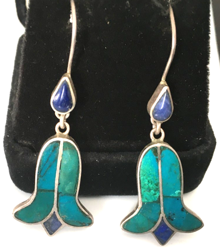 Vtg Earrings MARKED 950 STERLING SILVER Pierced Dangle Turquoise ...