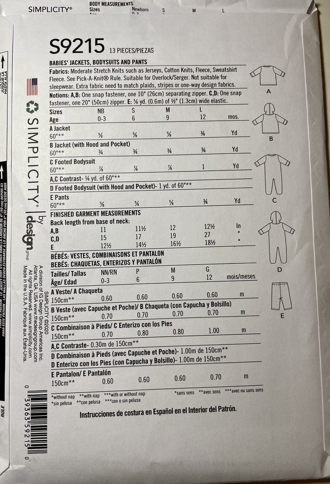 Simplicity S9215 Sewing Pattern For Babies Bodysuit, Jackets, Pants ...