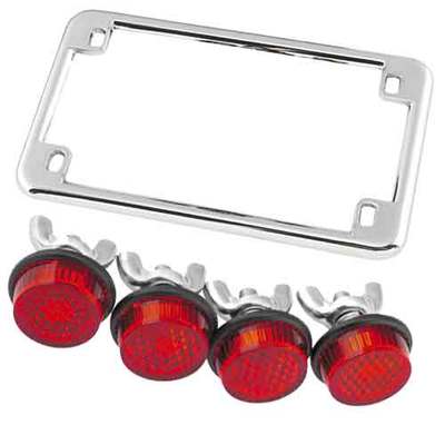 Chrome Motorcycle License Plate Frame & 4 Red Mini Reflectors Kit Fits ...