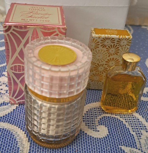 Vintage Avon TOPAZE POWDER SACHET Lovely Glass Bottle in Box & .5oz ...