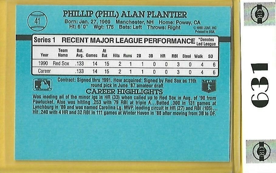 1991 Donruss #41 Phil Plantier Rated Rookie -Error Variant (No dot ...