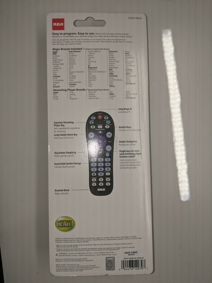 RCA RCR414BHE 4 Device Universal Remote Control Streaming Backlit, New ...