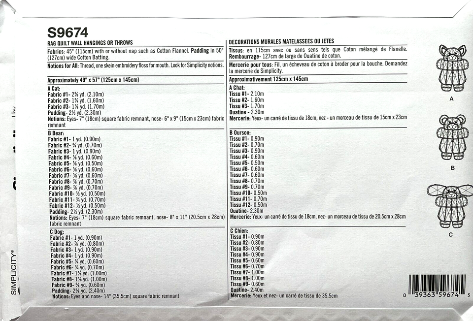 Simplicity Pattern S9674 Rag Quilt, Wall Hangings or Throws Bear, Cat ...