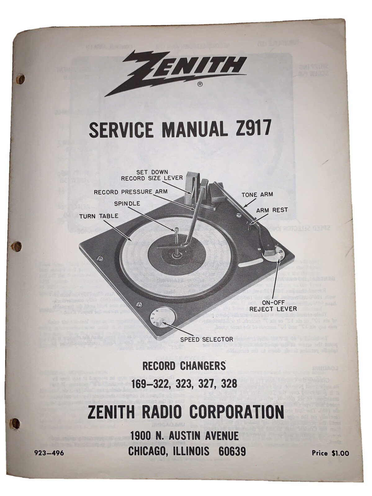 Zenith Service Manual Z917 Record Changers 169-322, 323, 327, 328 | eBay