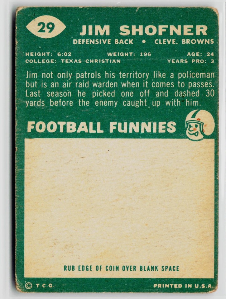 Jim Shofner 1960 Topps #29 Cleveland Browns Rookie | eBay