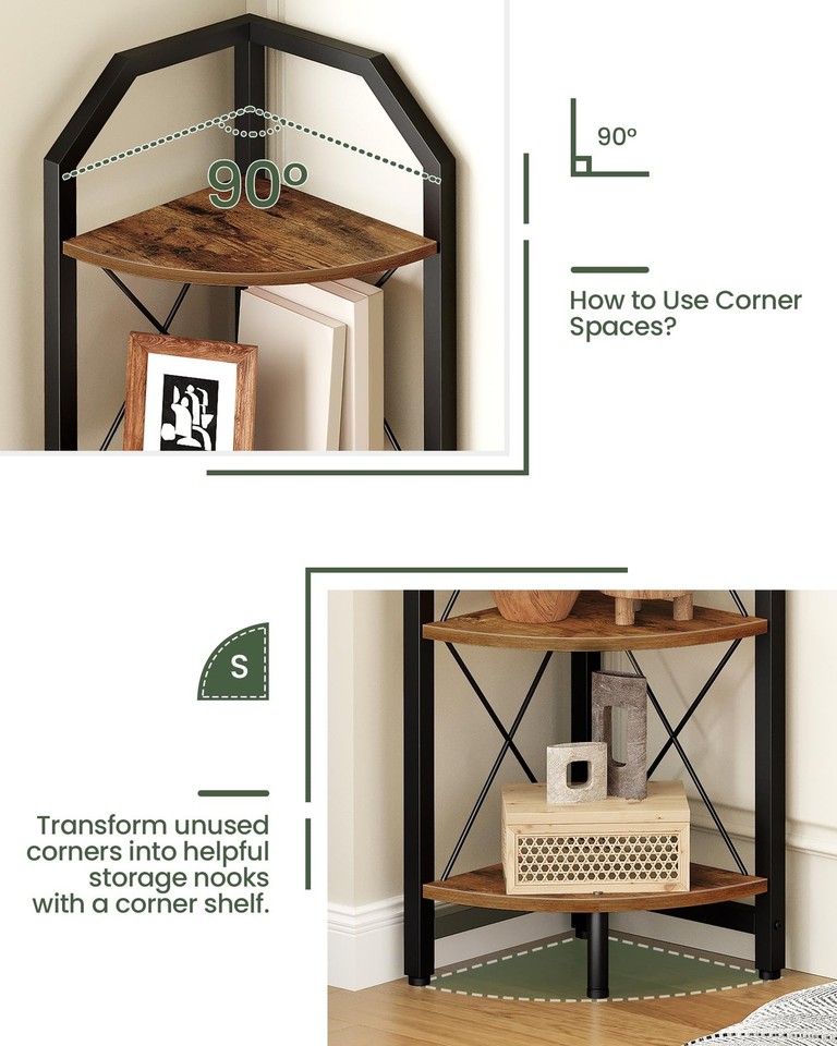 59.4" Corner Shelf, 5-Tier Industrial Corner Bookshelf, Corner Storage ...
