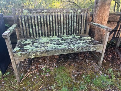 Vintage teak country garden bench - lovely colour with lichen | eBay UK