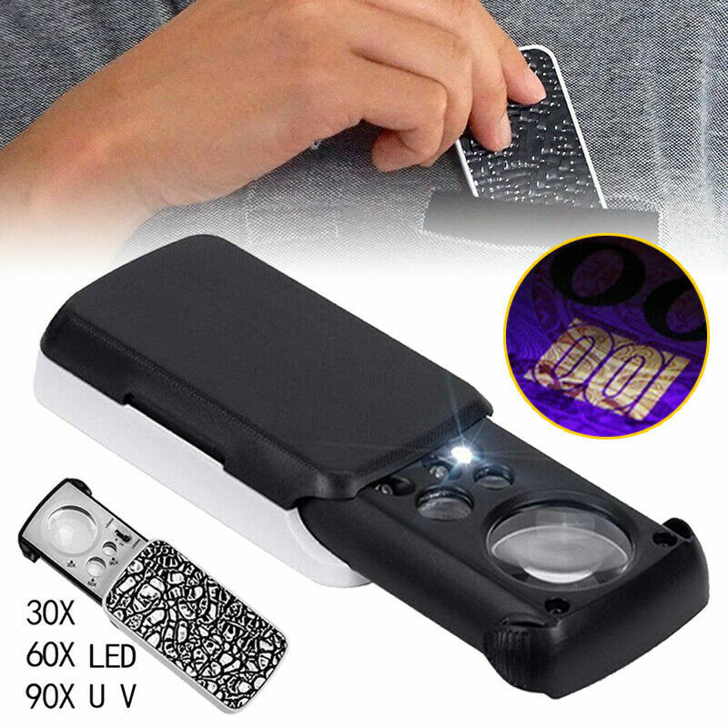Pocket 30X 60X 90X Coin Jewelry Magnifier Loupe Magnifying Loop UV LED ...