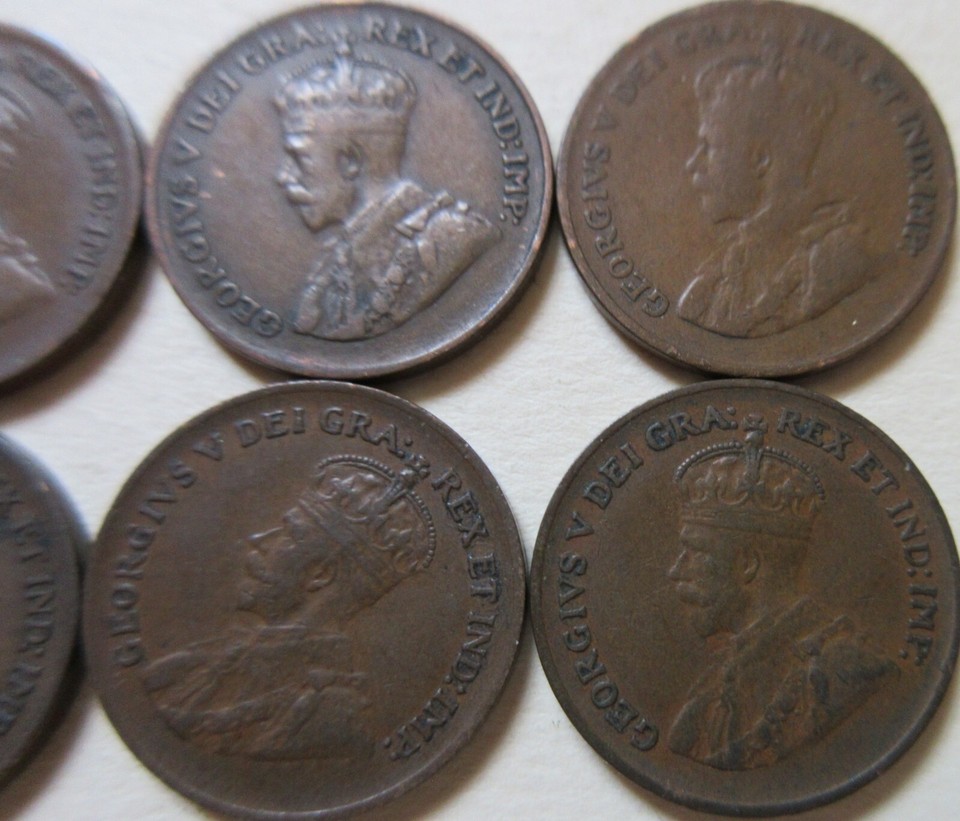 Set of Canada Small Cents George V 8 Coins 1920 -1936. Pennies Coin Lot ...