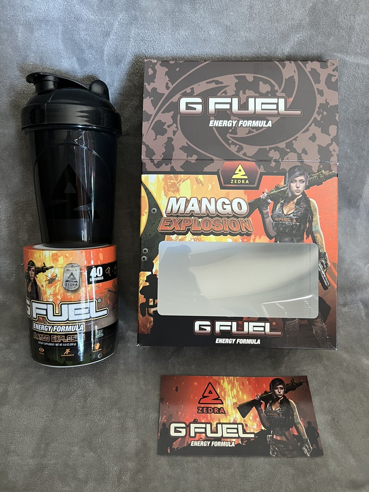 G Fuel Mango Explosion Gfuel Box ZEDRA Shaker, Sticker, Empty Tub READ ...