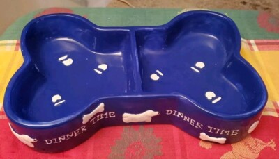 Bombay Bone Shaped Divided Food And Water Ceramic Dog Dish Large Blue ...