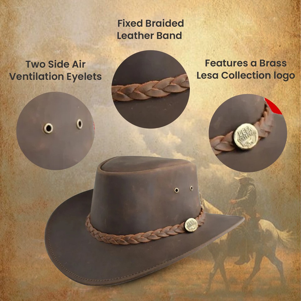 Mens Distressed Leather Western Outback Australian Hat Bush hat Brown ...